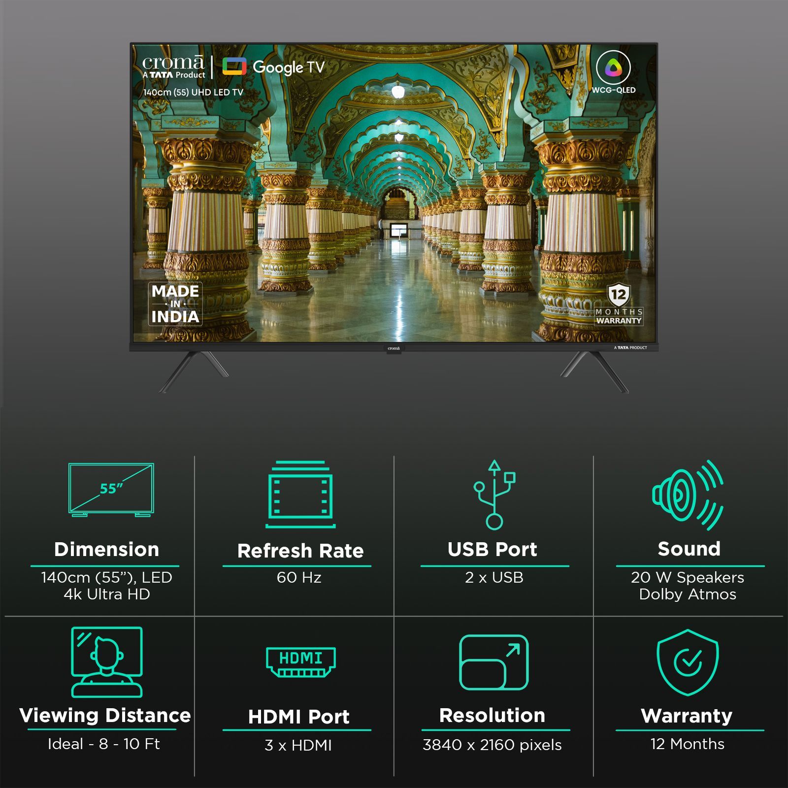 Buy Croma 140 cm (55 inch) QLED 4K Ultra HD Google TV with Dolby Vision & Dolby Atmos Online - Croma